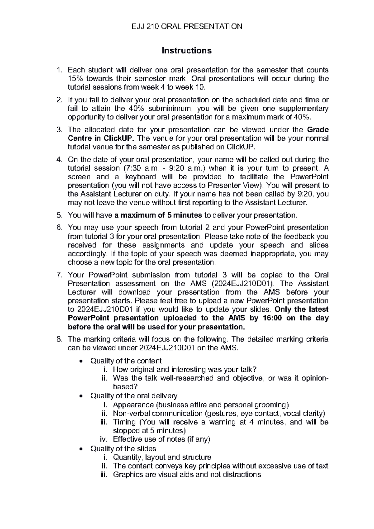 EJJ 210 2024 ORAL Presentation - EJJ 210 ORAL PRESENTATION Instructions ...