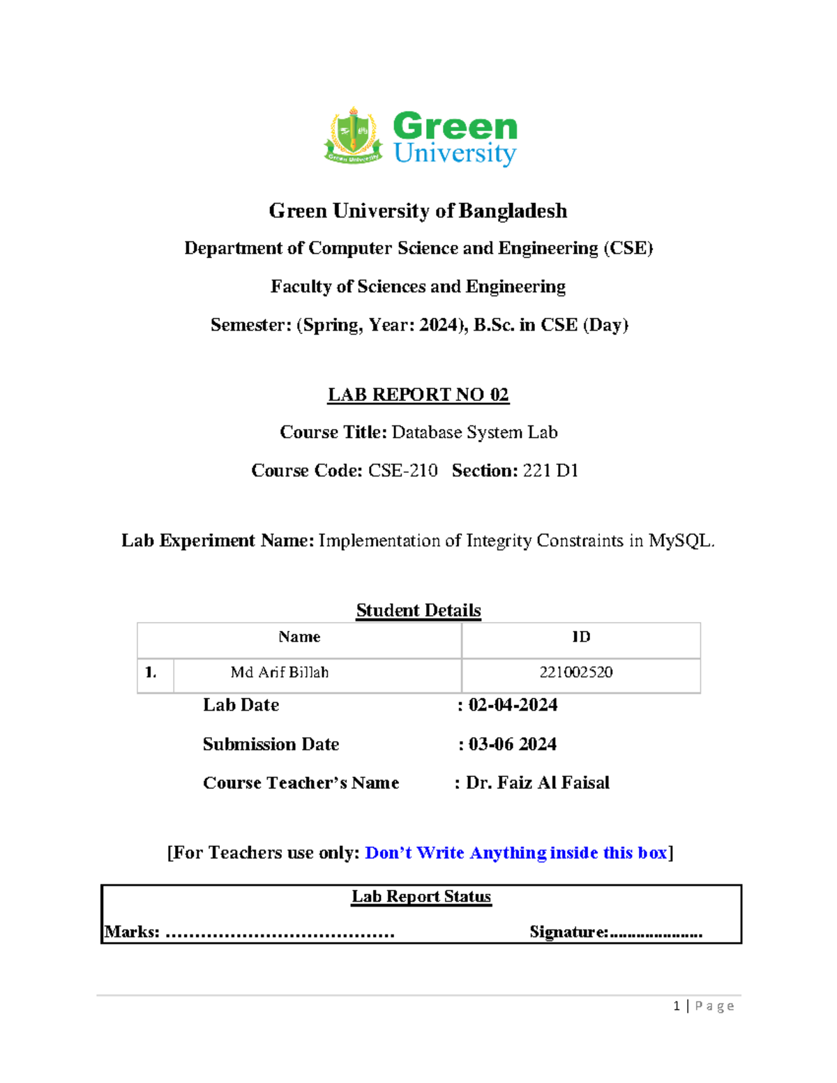 DB Lab Report-02 - Green University of Bangladesh Department of ...