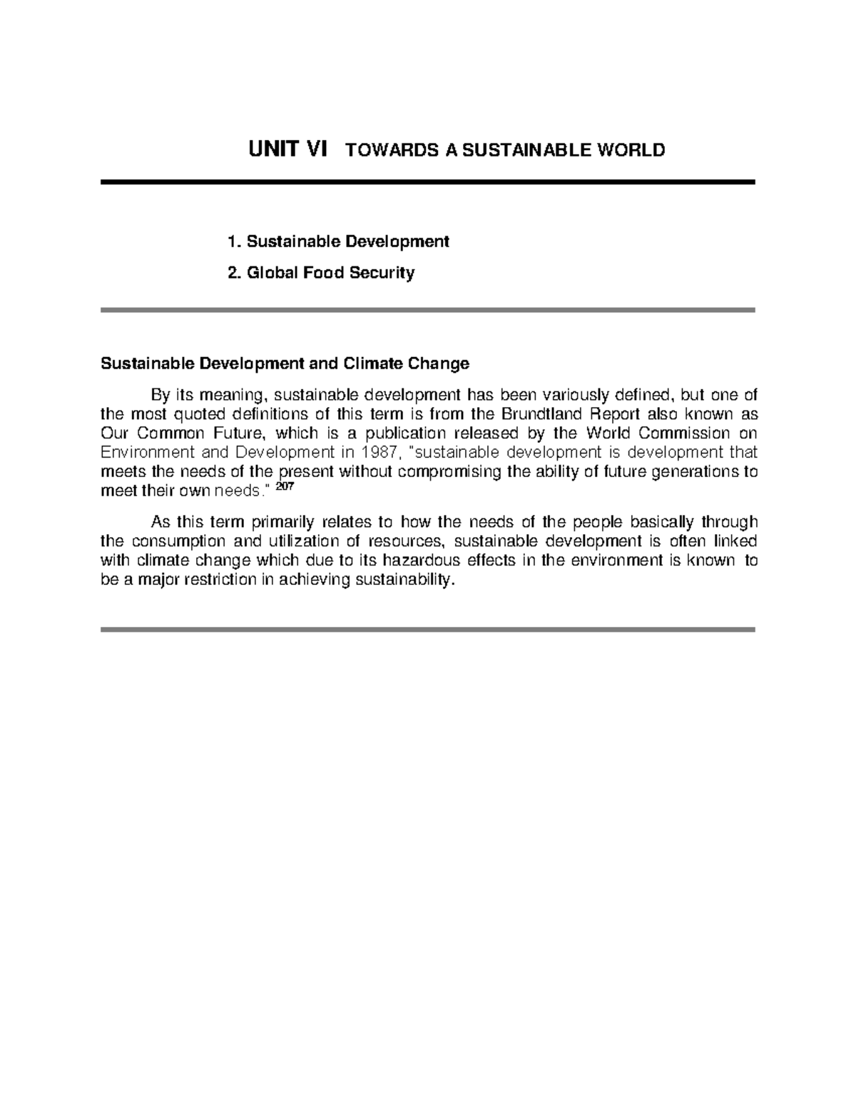 The Contemporary World-Unit 6 - UNIT VI TOWARDS A SUSTAINABLE WORLD ...