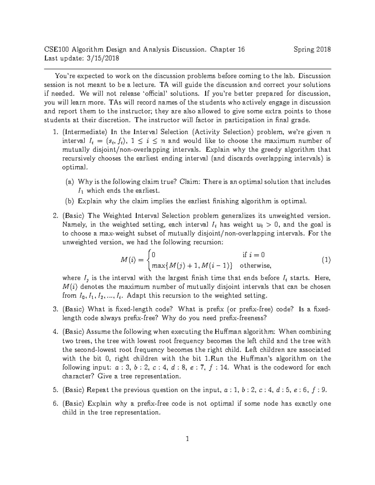Discussion-ch16 - Professor Sungjim Im, - CSE100 Algorithm Design and Analysis Discussion ...