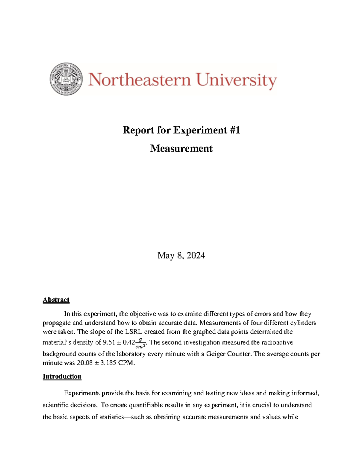 Physics Experiment 1 Lab Report - Report for Experiment Measurement May 8, 2024 Abstract In this ...