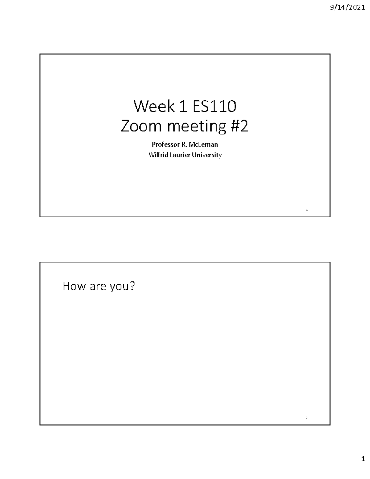 Prof lecture slides week 1 second meeting - Week 1 ES Zoom meeting ...
