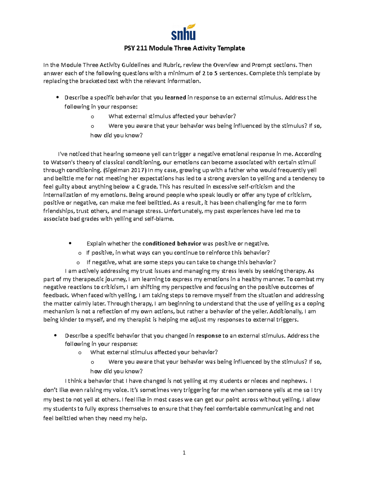 PSY 211 Module Three Activity Template - Then answer each of the ...