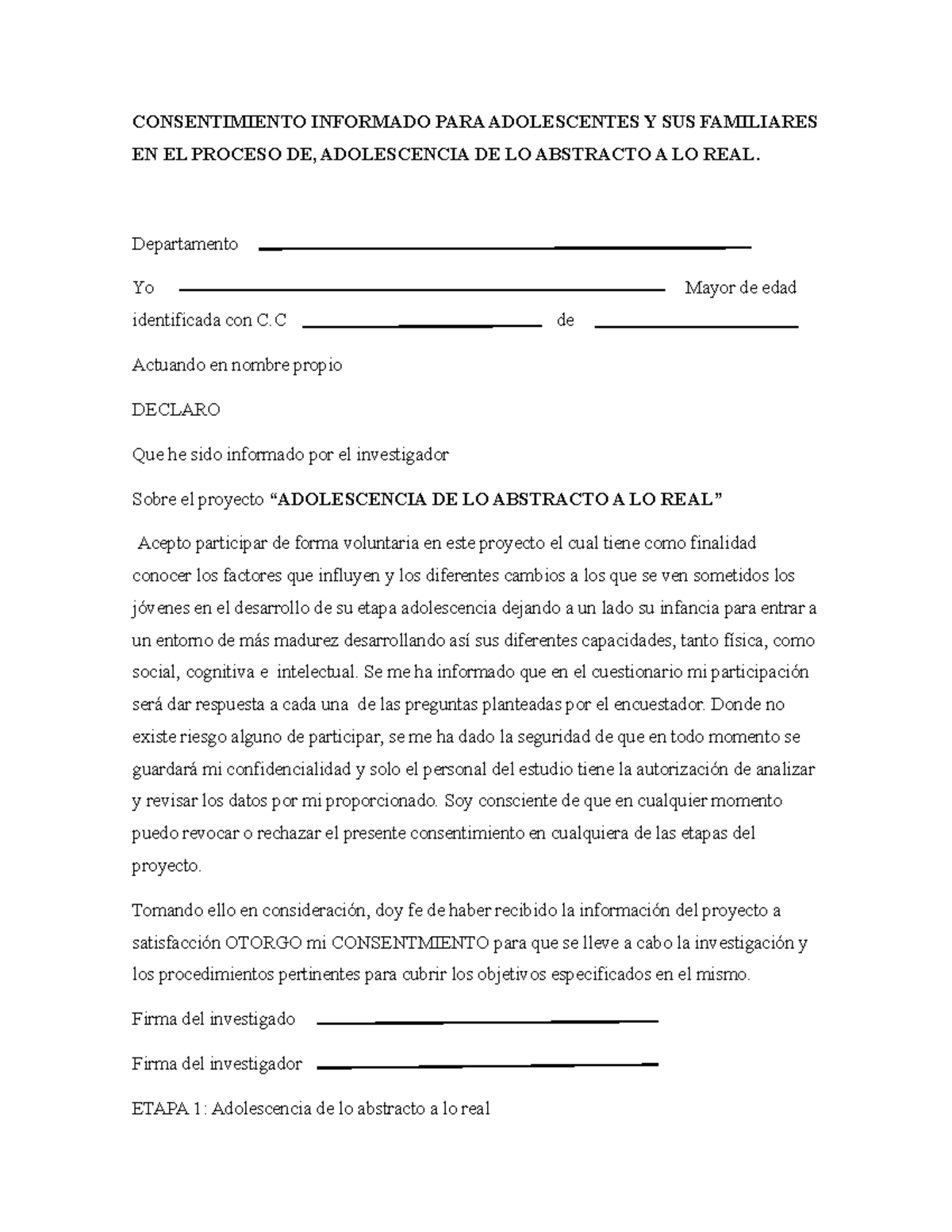 Consentimiento Informado PARA Adolescentes Y SUS Familiares EN EL ...