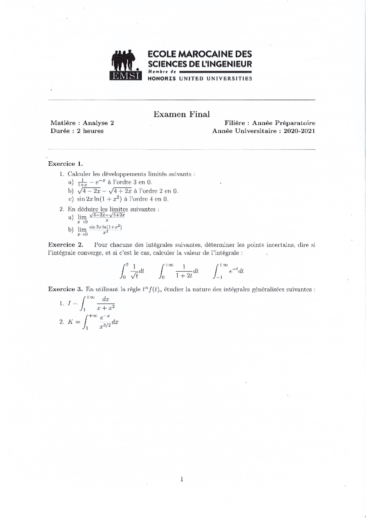 Examens 1AP 2020-2021 - Ecole marocaine des sciences de l'ingenieur - Studocu