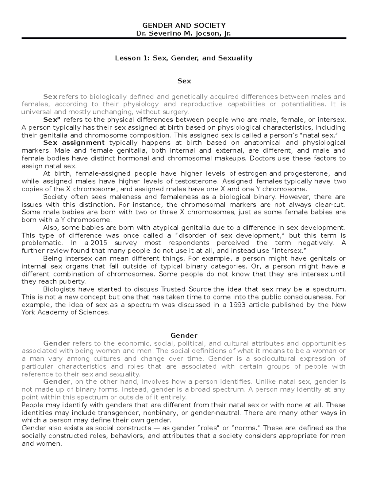 Lecture Note 1 in Gender and Society - GENDER AND SOCIETY Dr. Severino ...