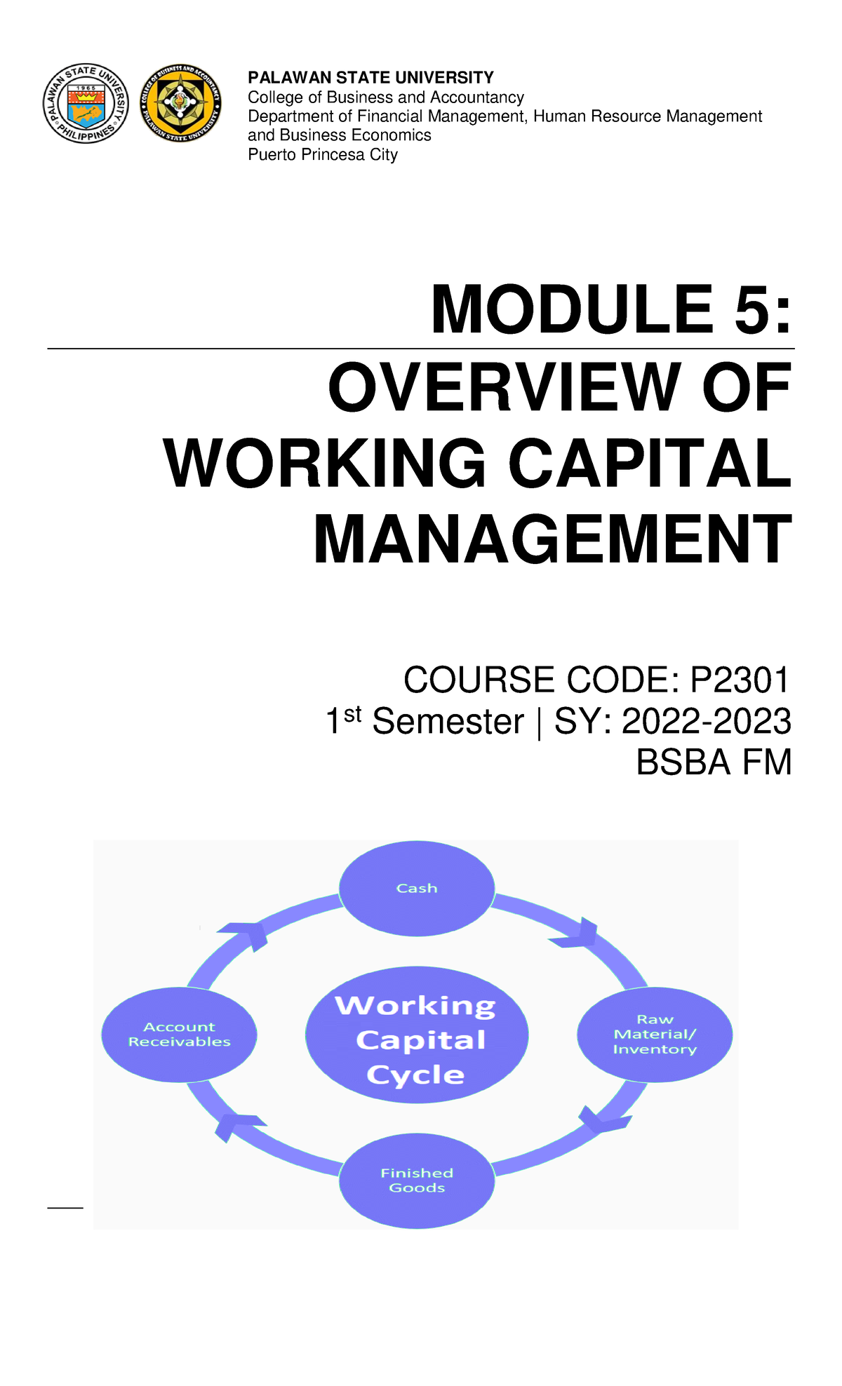 Module 5 Overview of Working Capital Management - PALAWAN STATE UNIVERSITY College of Business ...