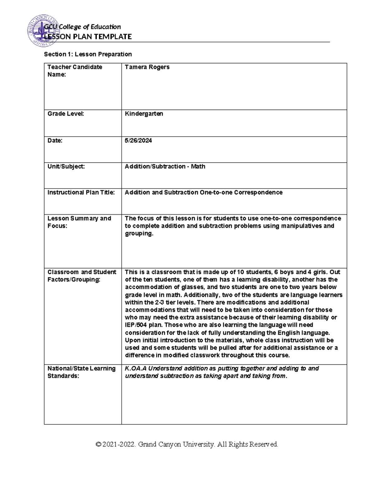 Topic 6 Benchmark - LESSON PLAN TEMPLATE Section 1: Lesson Preparation ...