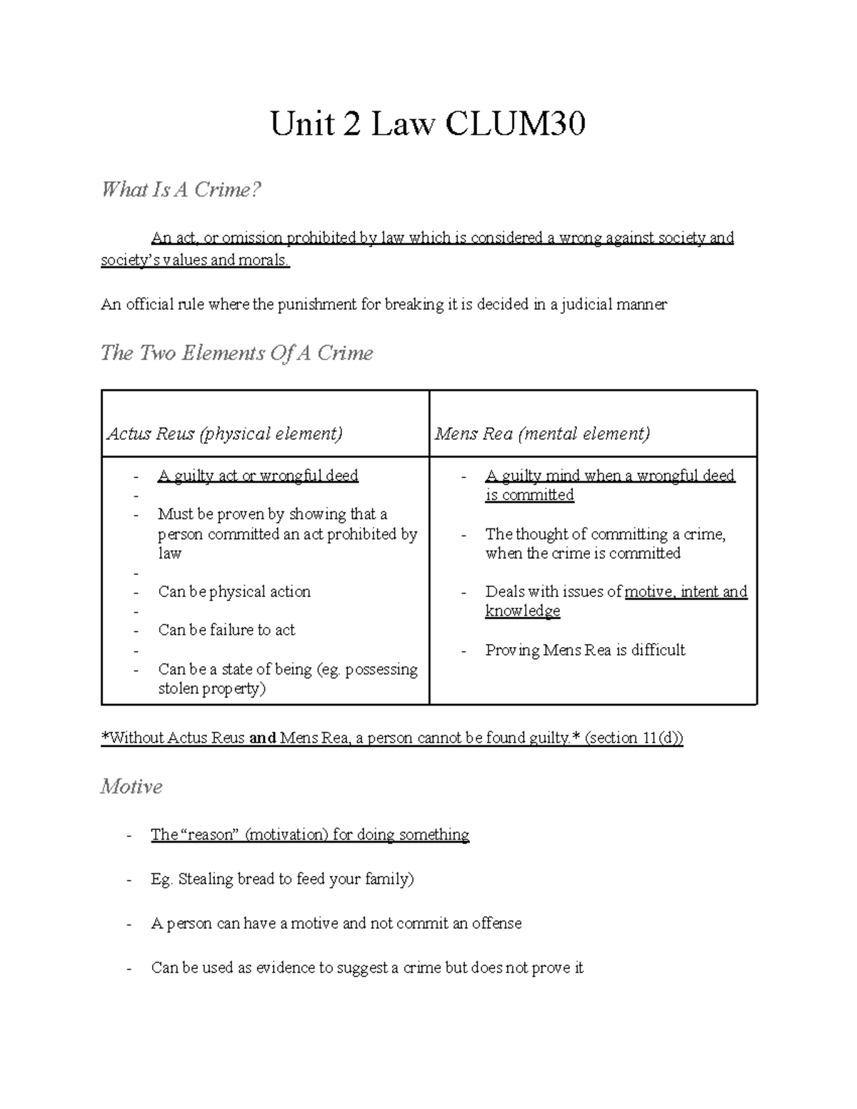 Law Notes Units 2 - 4 - Unit 2 Law CLUM What Is A Crime? An act, or ...