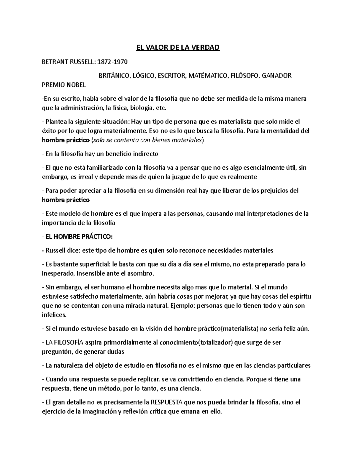 Valor de la verdad - ... - EL VALOR DE LA VERDAD BETRANT RUSSELL: 1872 ...