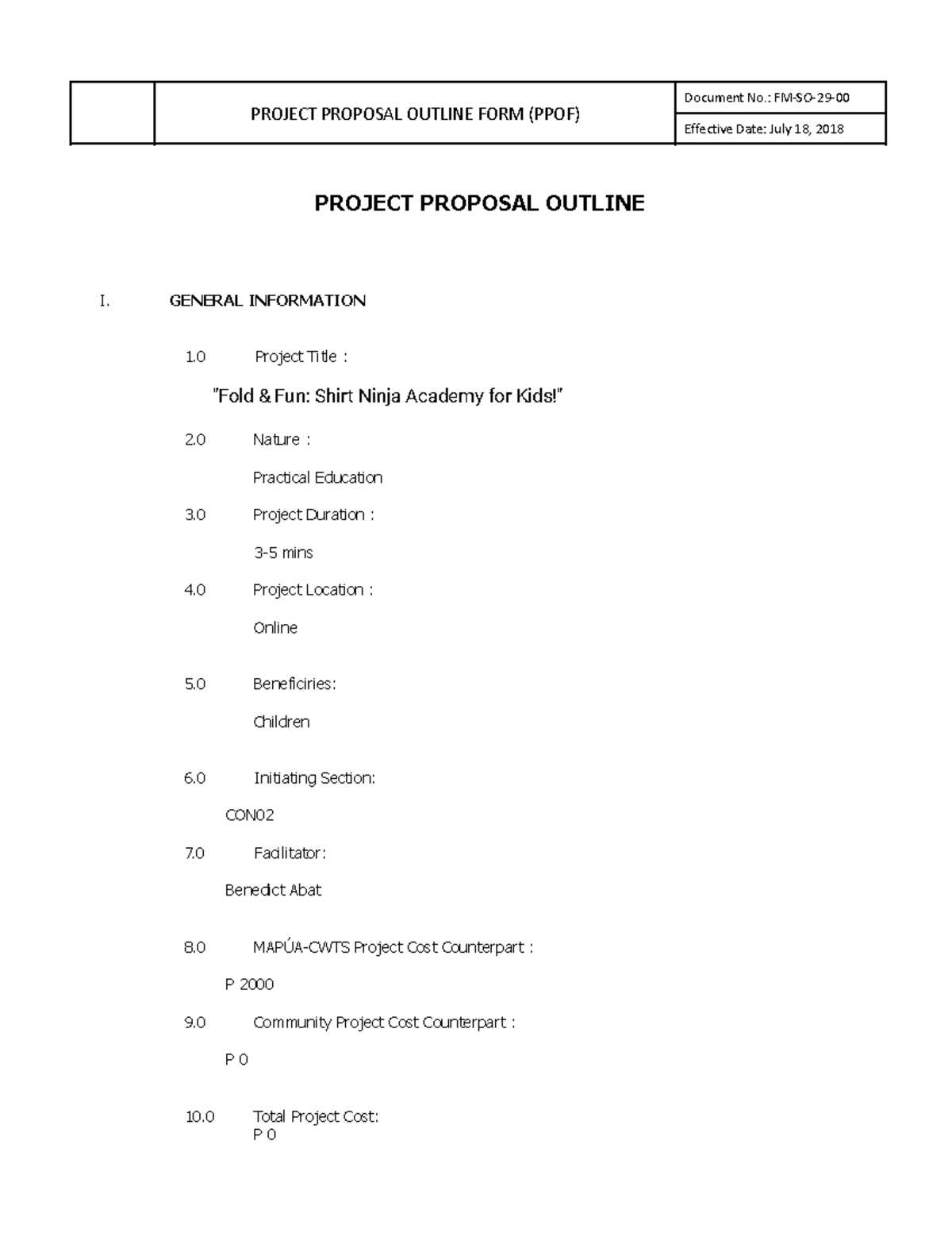 Project Proposal Outline Form for CWTS02&03 - PROJECT PROPOSAL OUTLINE ...