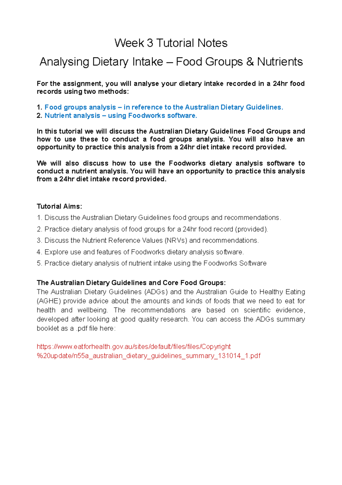 Week 3 Tutorial Notes - Dietary Analysis - Week 3 Tutorial Notes ...