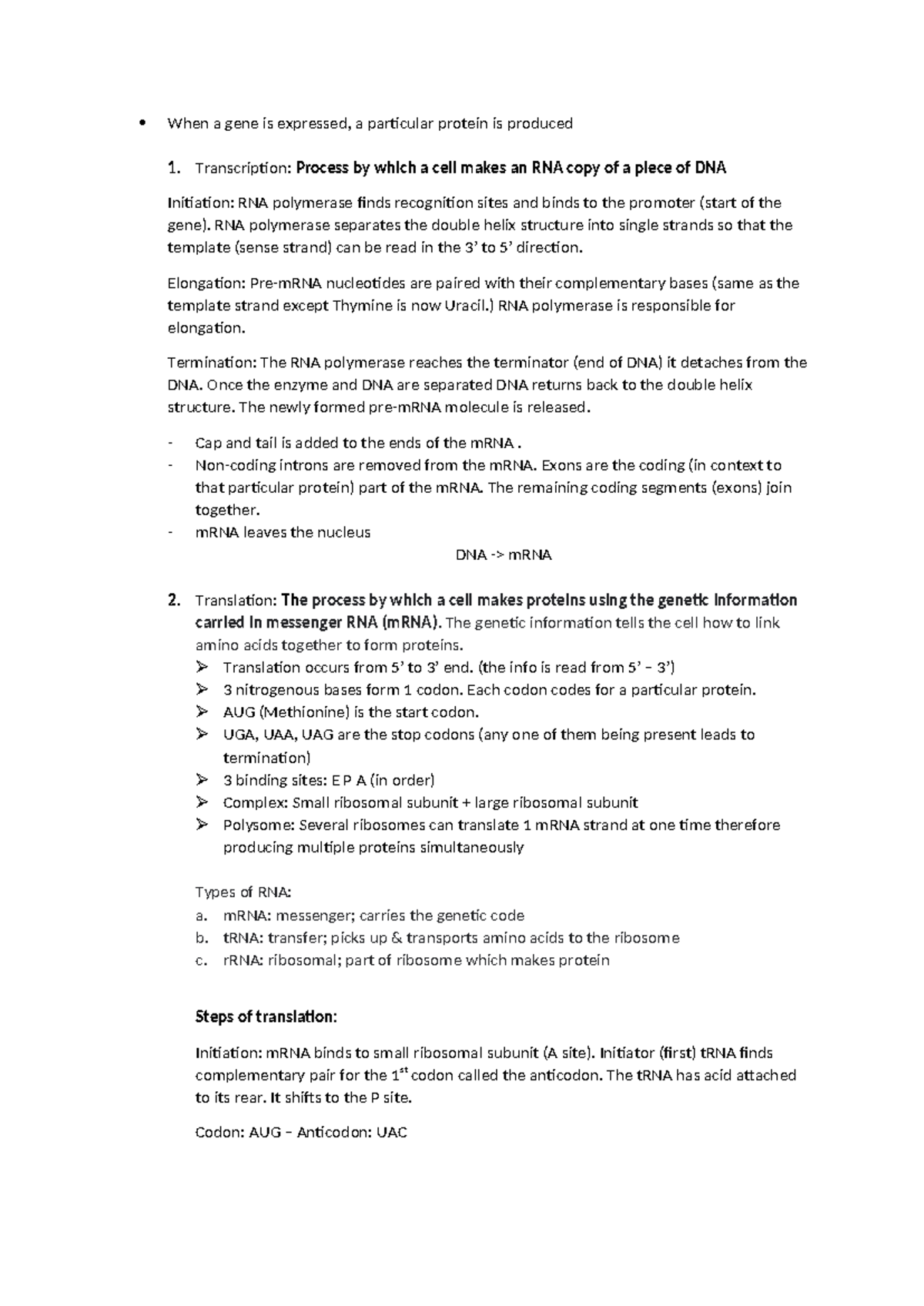 Transcription Translation Notes - When a gene is expressed, a ...
