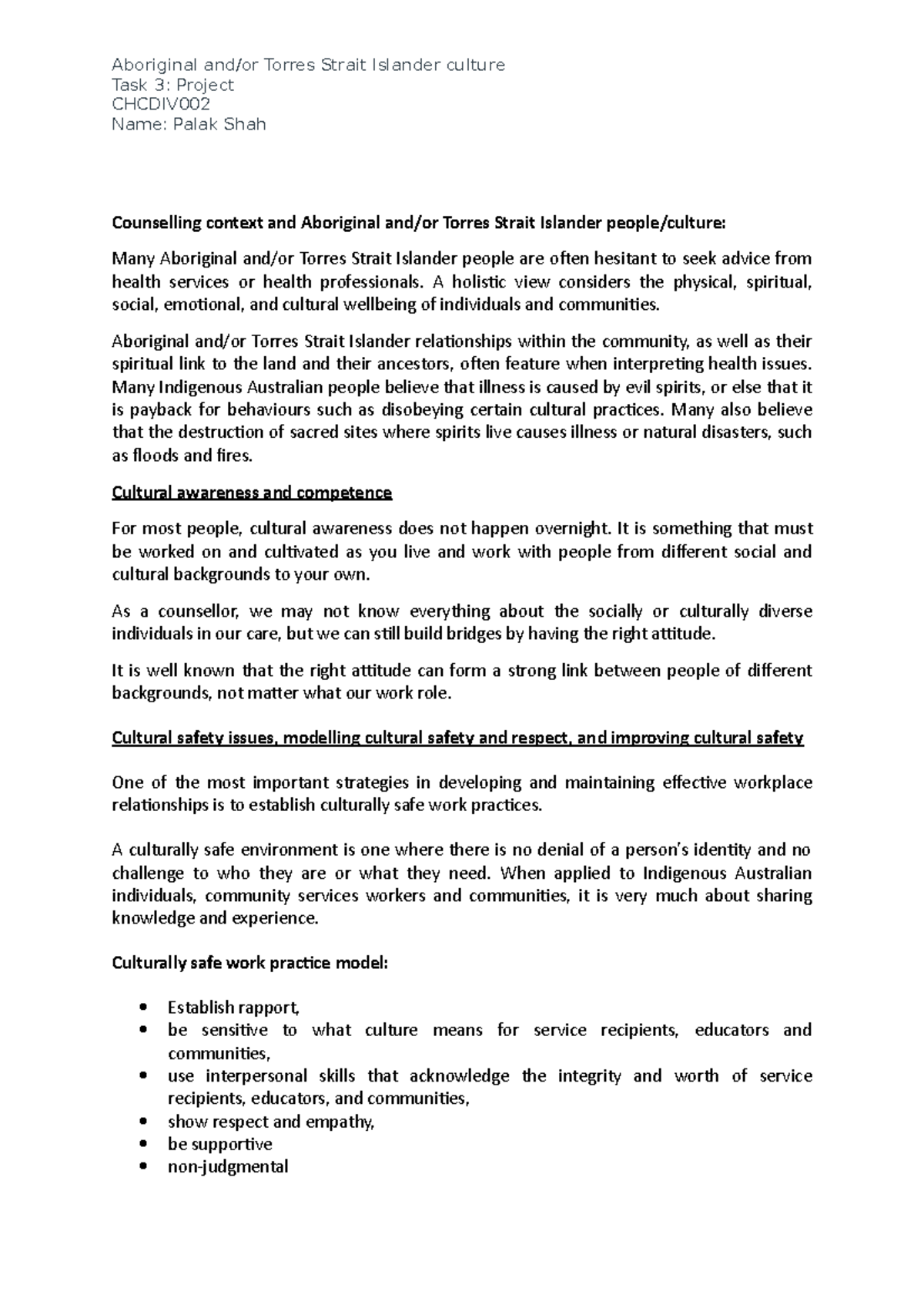 Task 3 Project Chcdiv 002 - Task 3: Project CHCDIV Name: Palak Shah Counselling context and ...