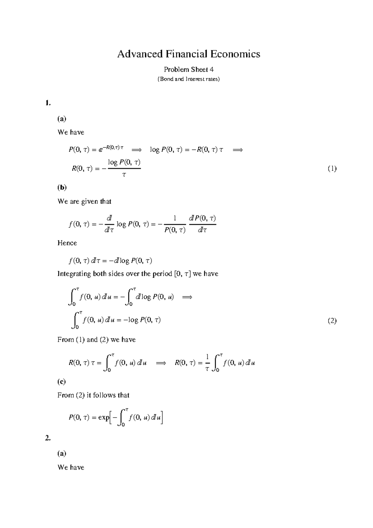 Problem Sheet 4 Solutions - Advanced Financial Economics Problem Sheet ...