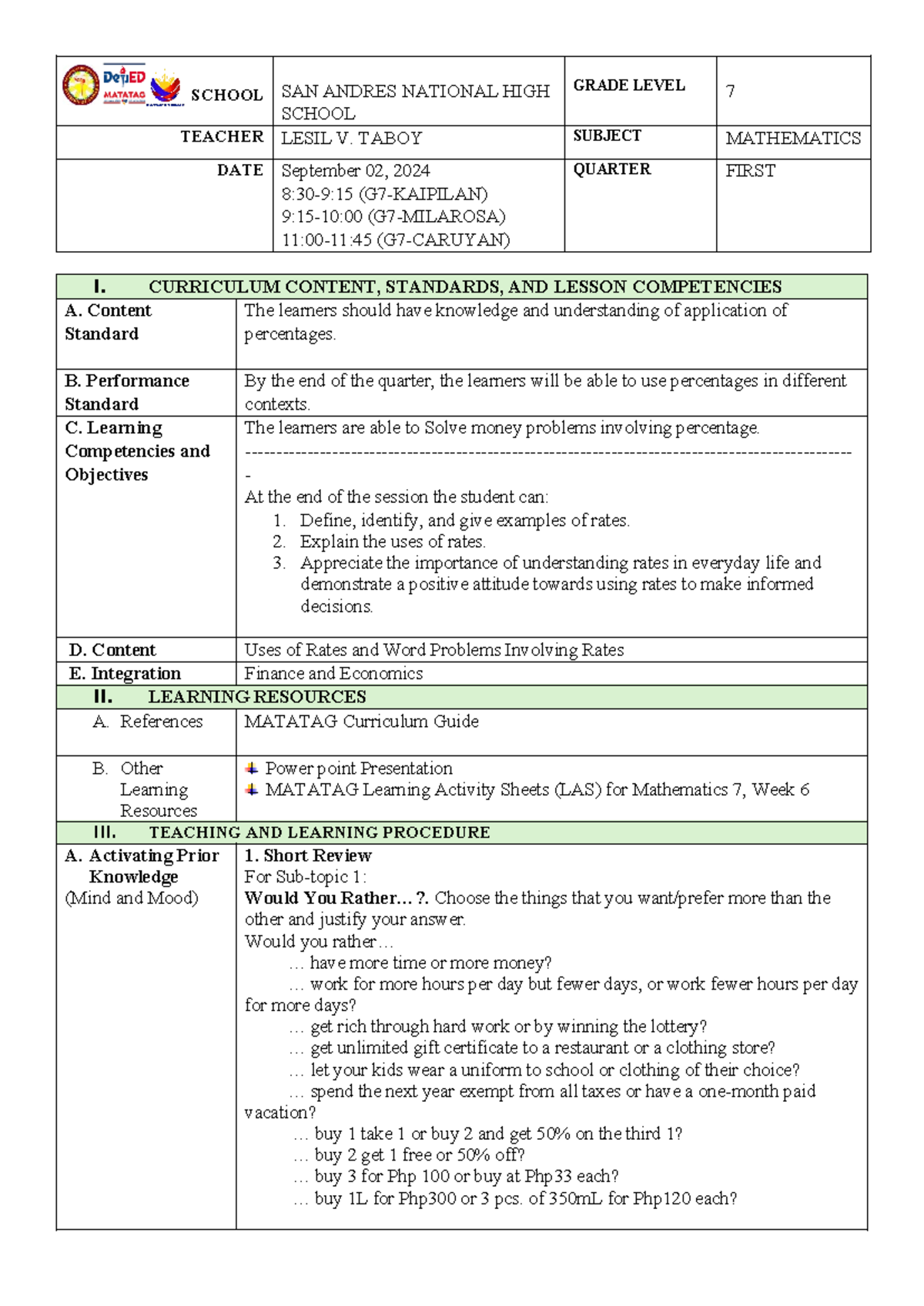 Uses of Rates and Word Problems Involving Rates - SCHOOL SAN ANDRES ...