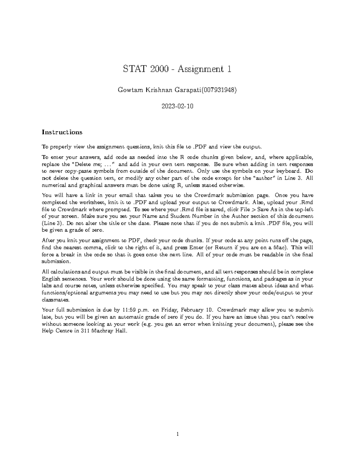 STAT 2000 Assignment 1 - STAT 2000 - Assignment 1 Gowtam Krishnan Garapati(007931948) 2023-02 ...