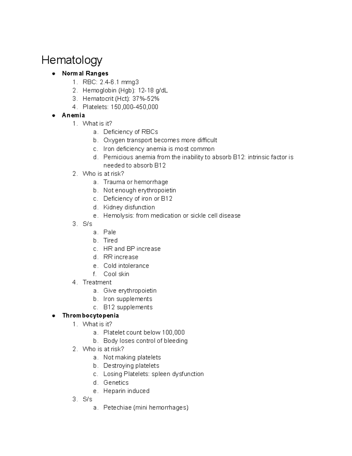 Hematology Patho Packet - Hematology Normal Ranges 1. RBC: 2.4-6 mmg 2 ...