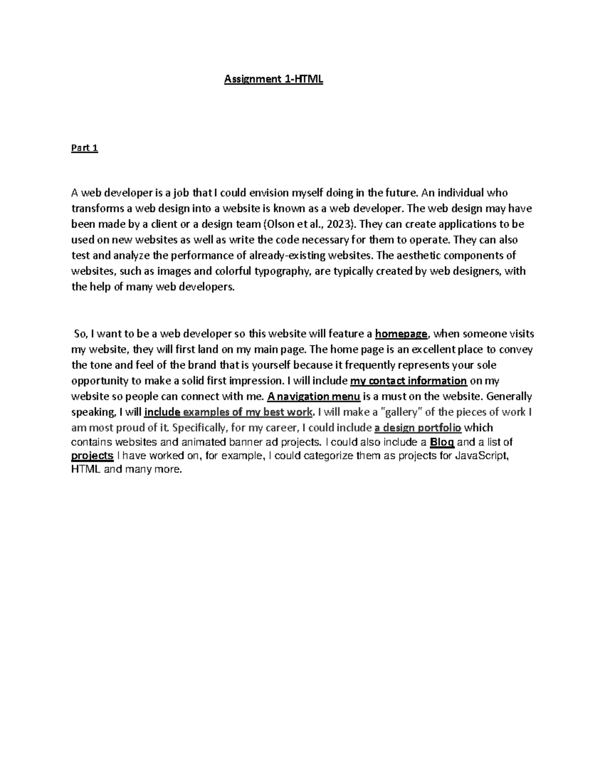 Planning - assignment - Assignment 1-HTML Part 1 A web developer is a ...