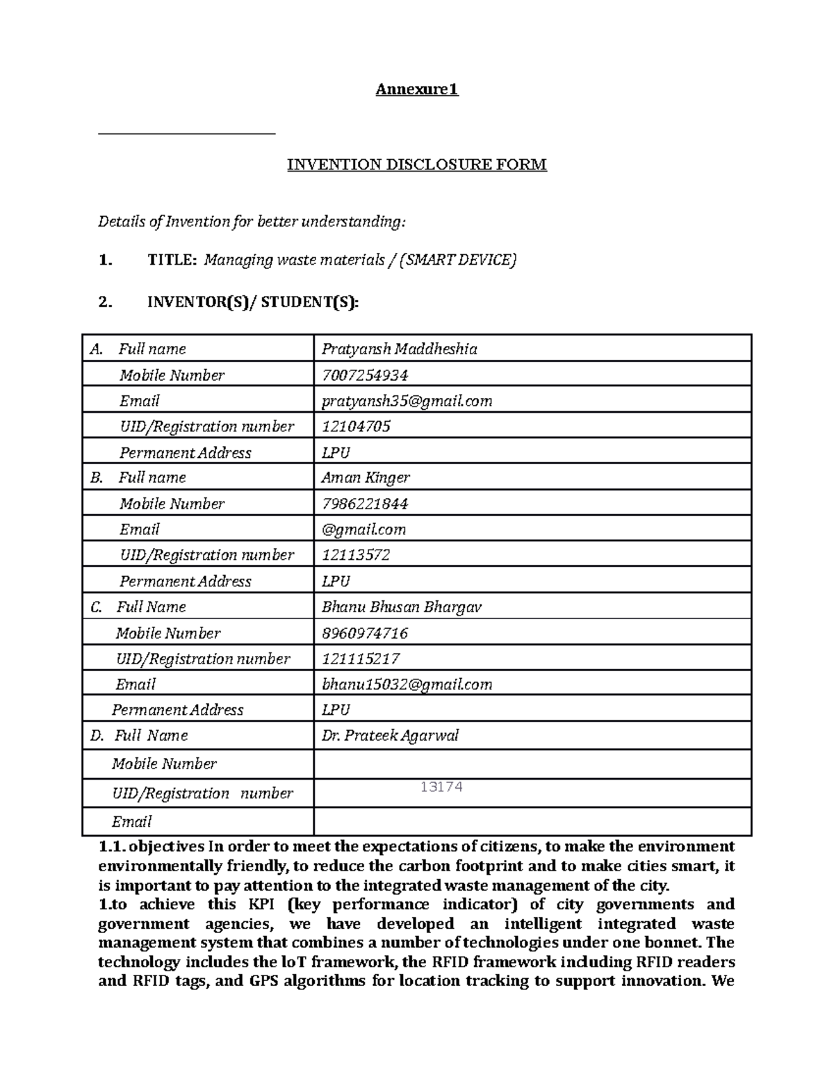 Petent Idia Formate - Annexure INVENTION DISCLOSURE FORM Details of ...