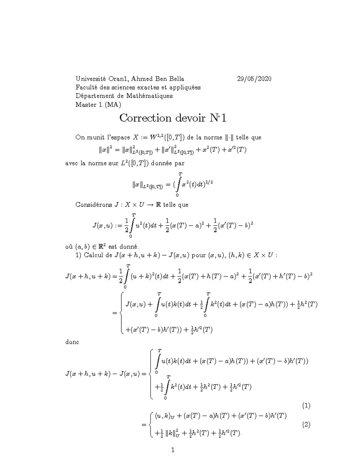 Correction Devoir 1 Contr Opti - UniversitÈ Oran1, Ahmed Ben Bella 29/05/ FacultÈ des sciences ...