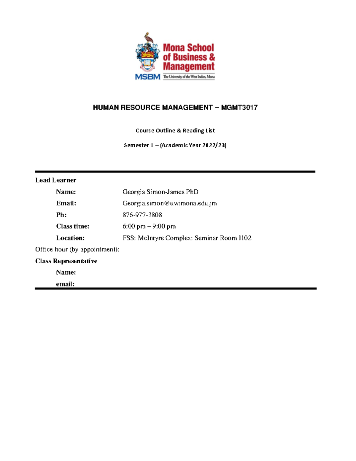 Course Outline MGMT3017 September 16 GSM 2 - HUMAN RESOURCE MANAGEMENT ...