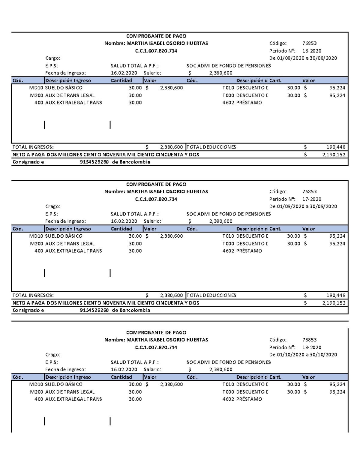 Colilla DE PAGO Martha Osorio - Código: 76853 Período N°: 16- Cargo: De ...