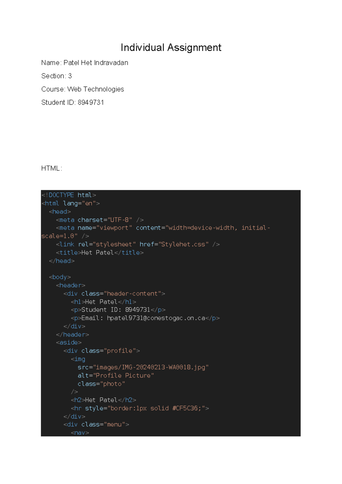 Assignment - Individual Assignment Name: Patel Het Indravadan Section: 3 Course: Web ...