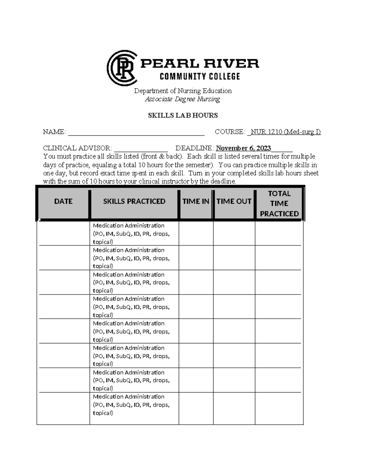 Level 2 Skills lab hours Fa23 - Department of Nursing Education ...