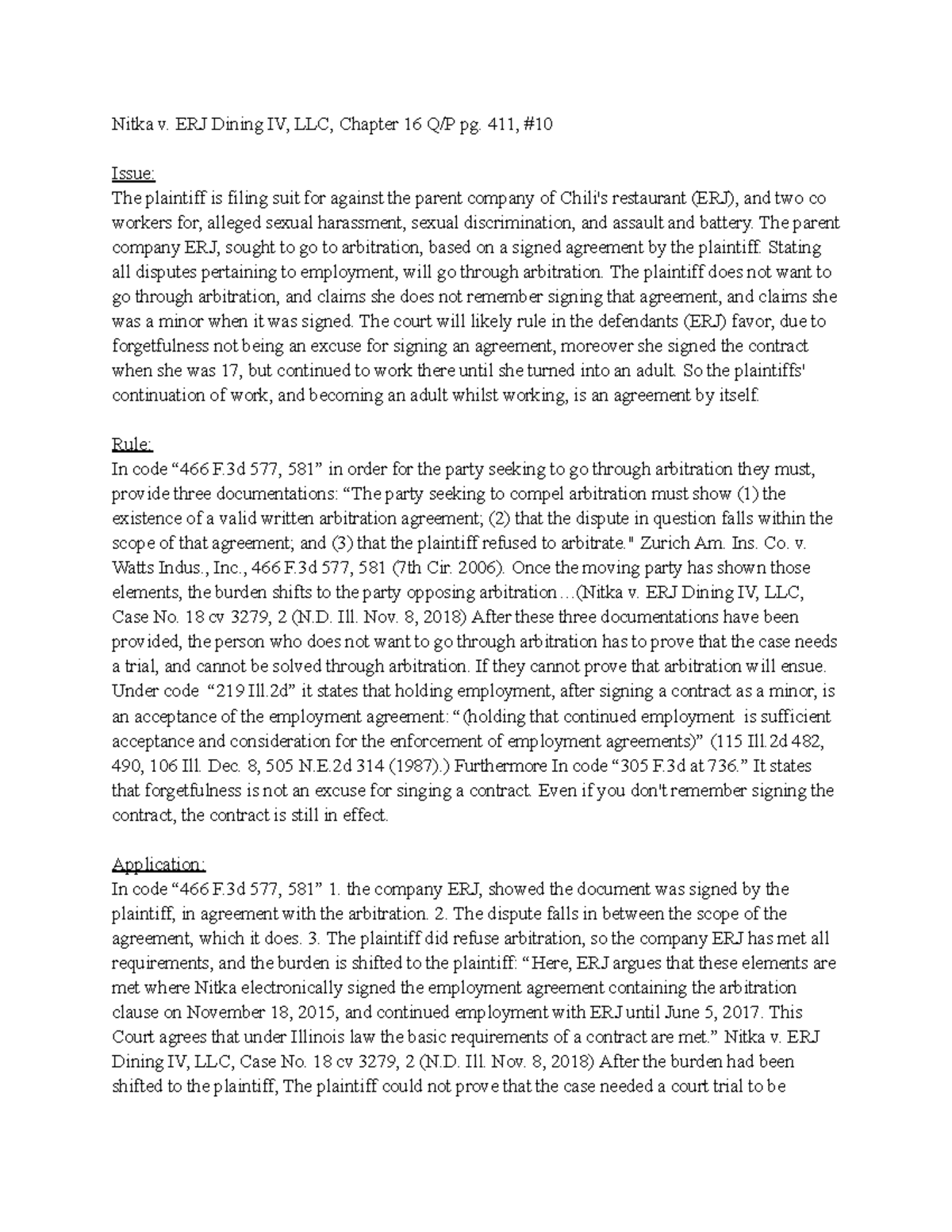 IRAC 4 copy - All IRACS FOR BUSINESS LAW - Nitka v. ERJ Dining IV, LLC ...