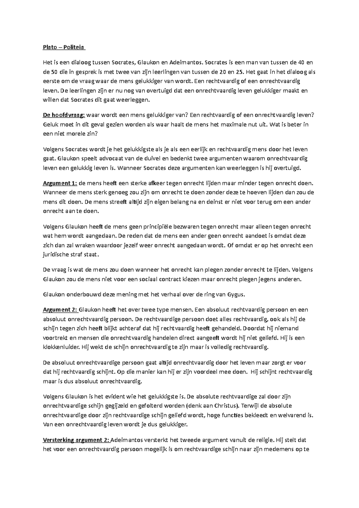 Samenvatting - Plato Politeia - Plato – Politeia Het is een dialoog ...