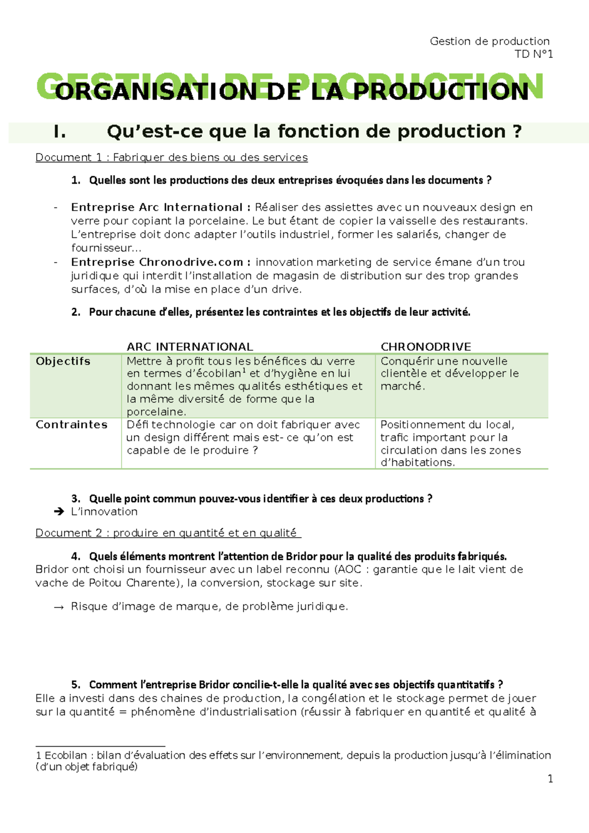 TD 1 - note - Gestion de production TD N° GESTION DE PRODUCTION I. Qu ...