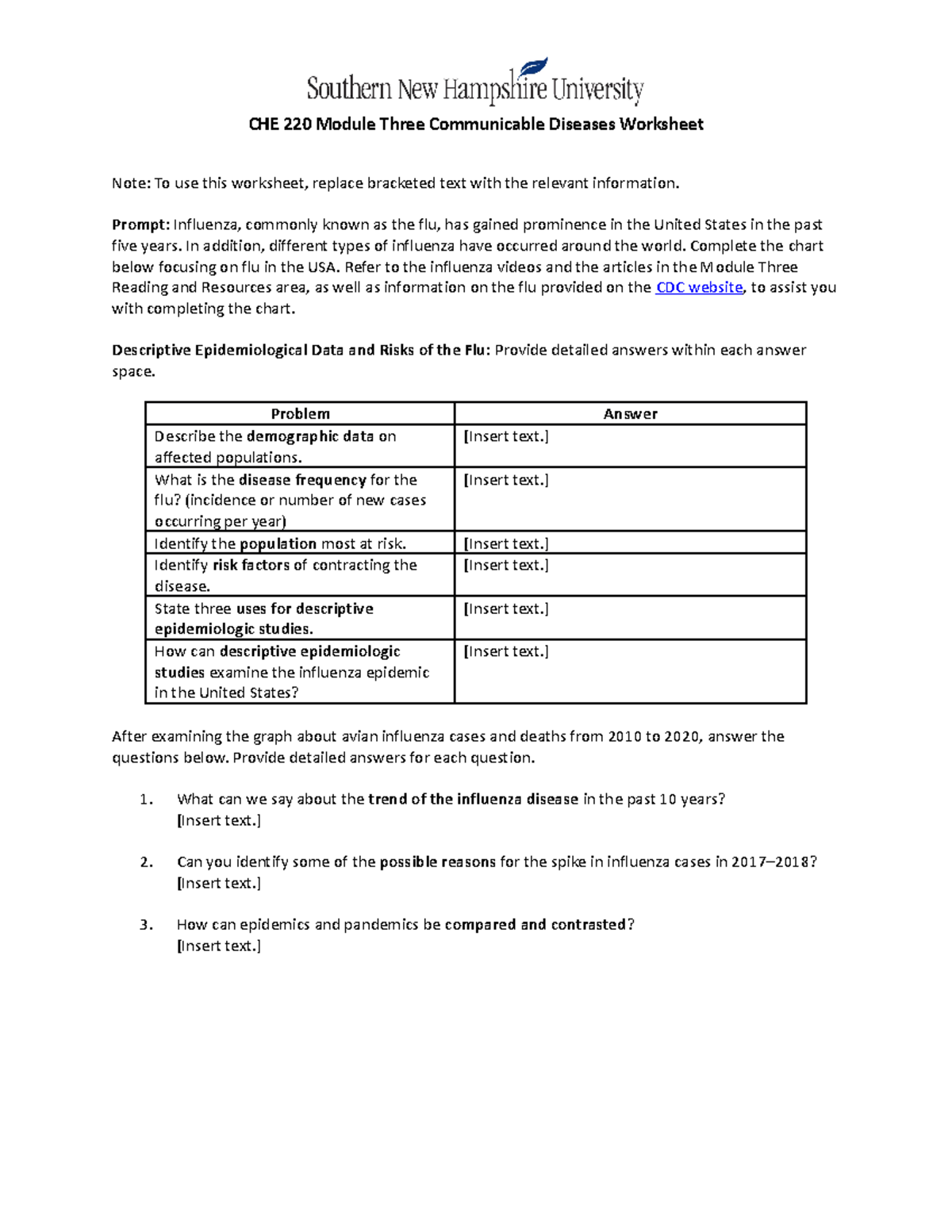 CHE 220 Module Three Communicable Diseases Worksheet - Prompt ...