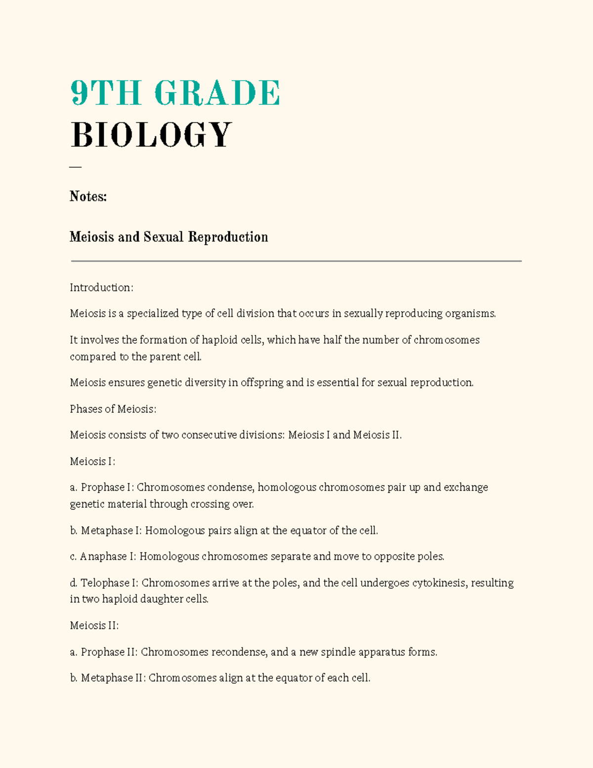 Meiosis and Sexual Reproduction - 9TH GRADE BIOLOGY ___ Notes: Meiosis ...