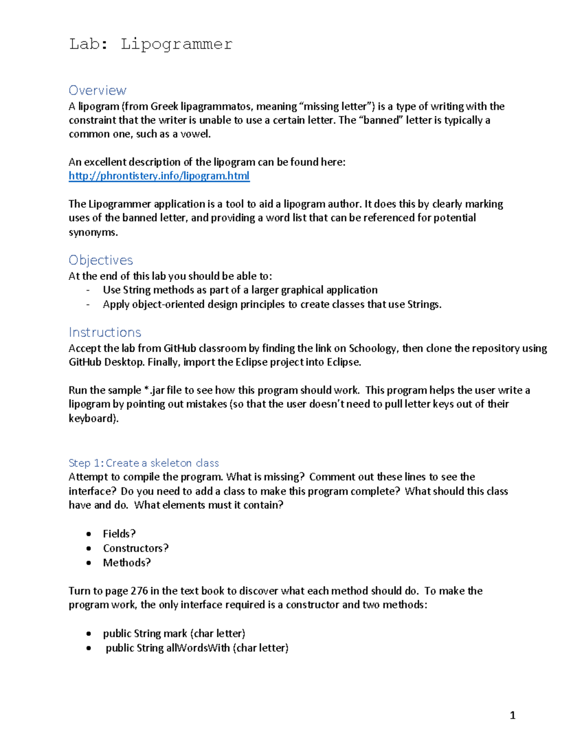 Lab+-+Lipogrammer 2023 - Overview A lipogram (from Greek lipagrammatos ...