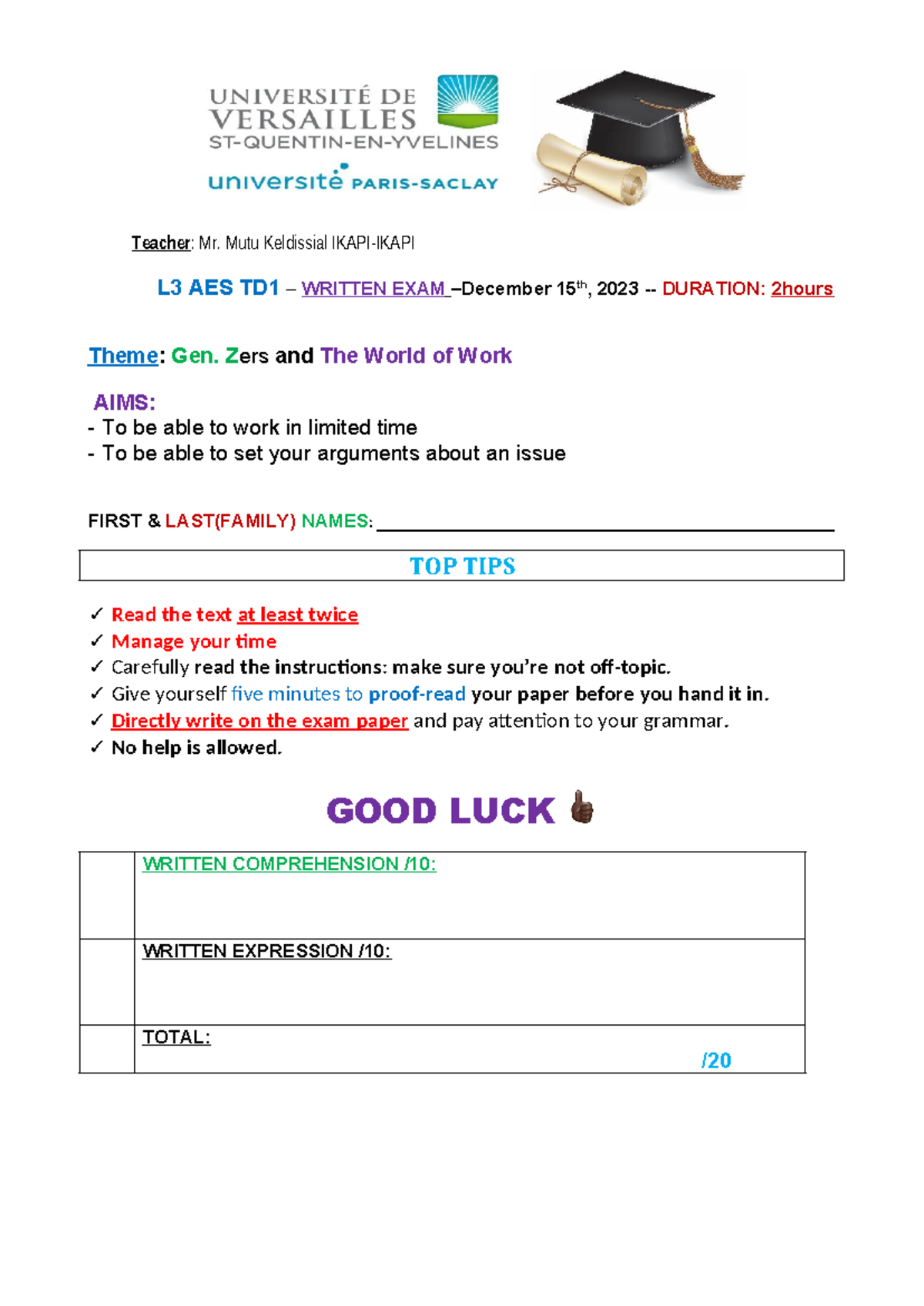 L3 AES Written EXAM - Teacher: Mr. Mutu Keldissial IKAPI-IKAPI L3 AES ...