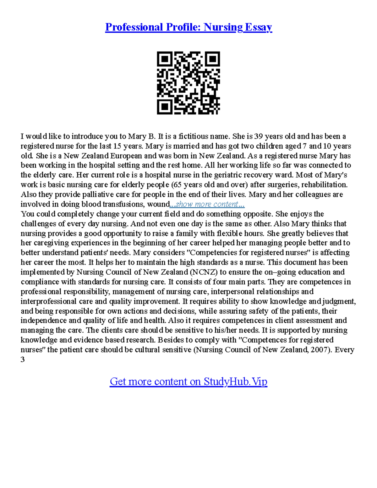 Profile Essay Samples - Professional Profile: Nursing Essay I would ...