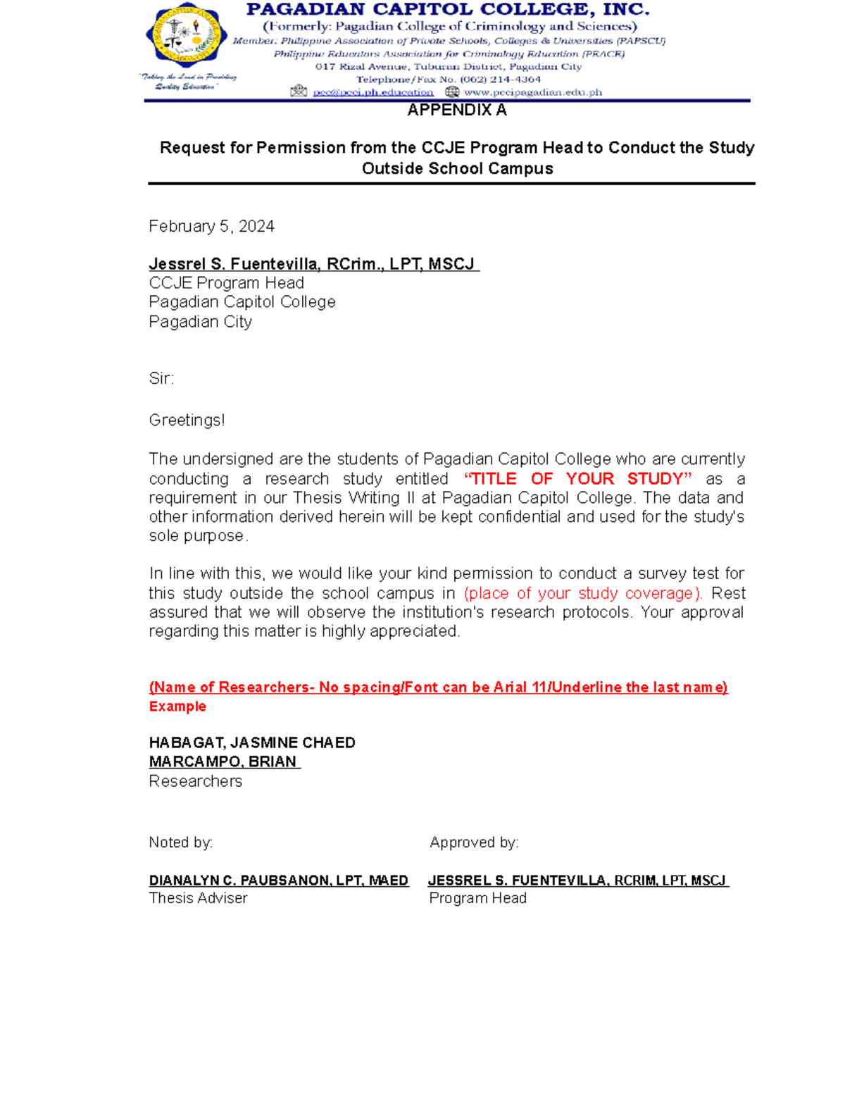 Sample Research Letters and SQ Format - APPENDIX A Request for ...