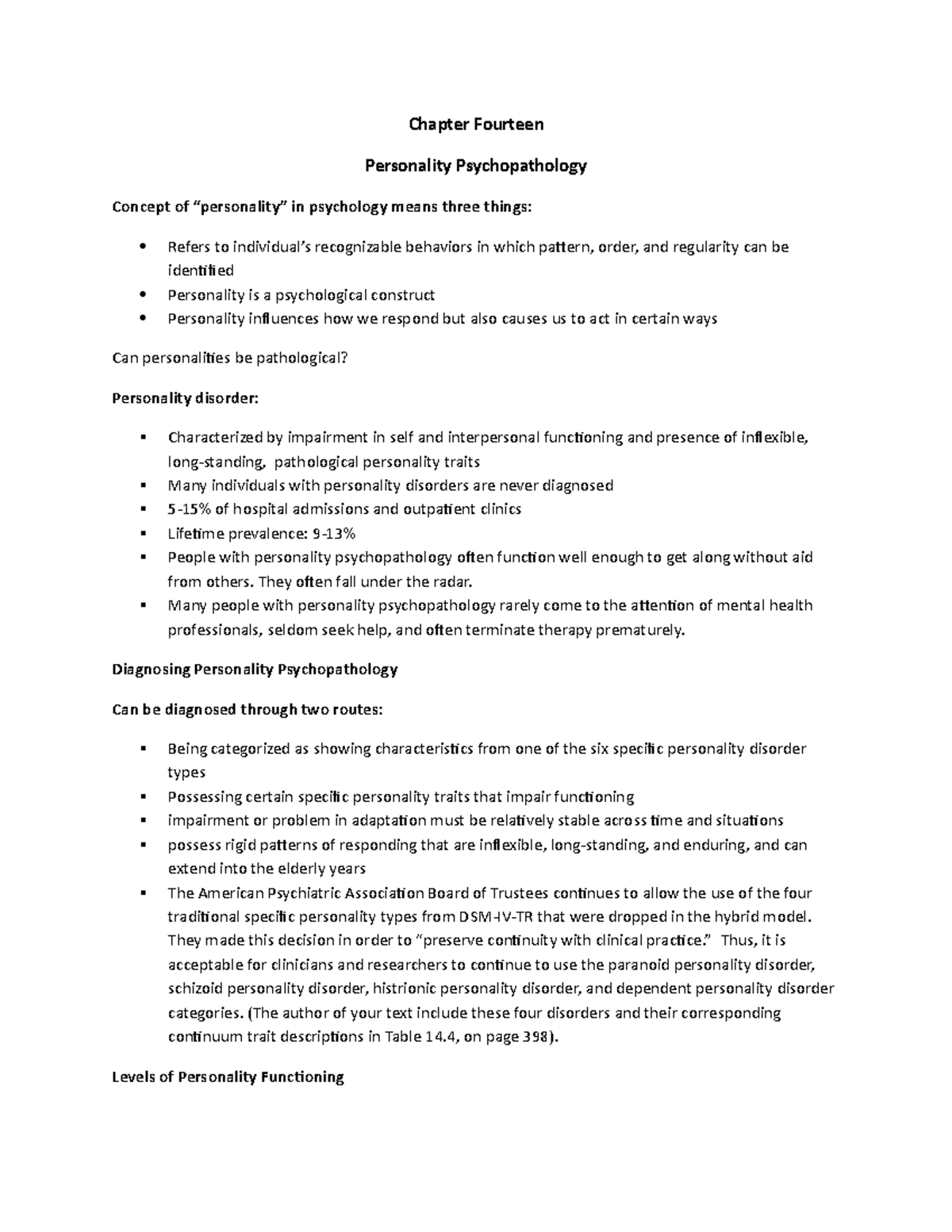 Chapter 14 Overview - Chapter Fourteen Personality Psychopathology ...