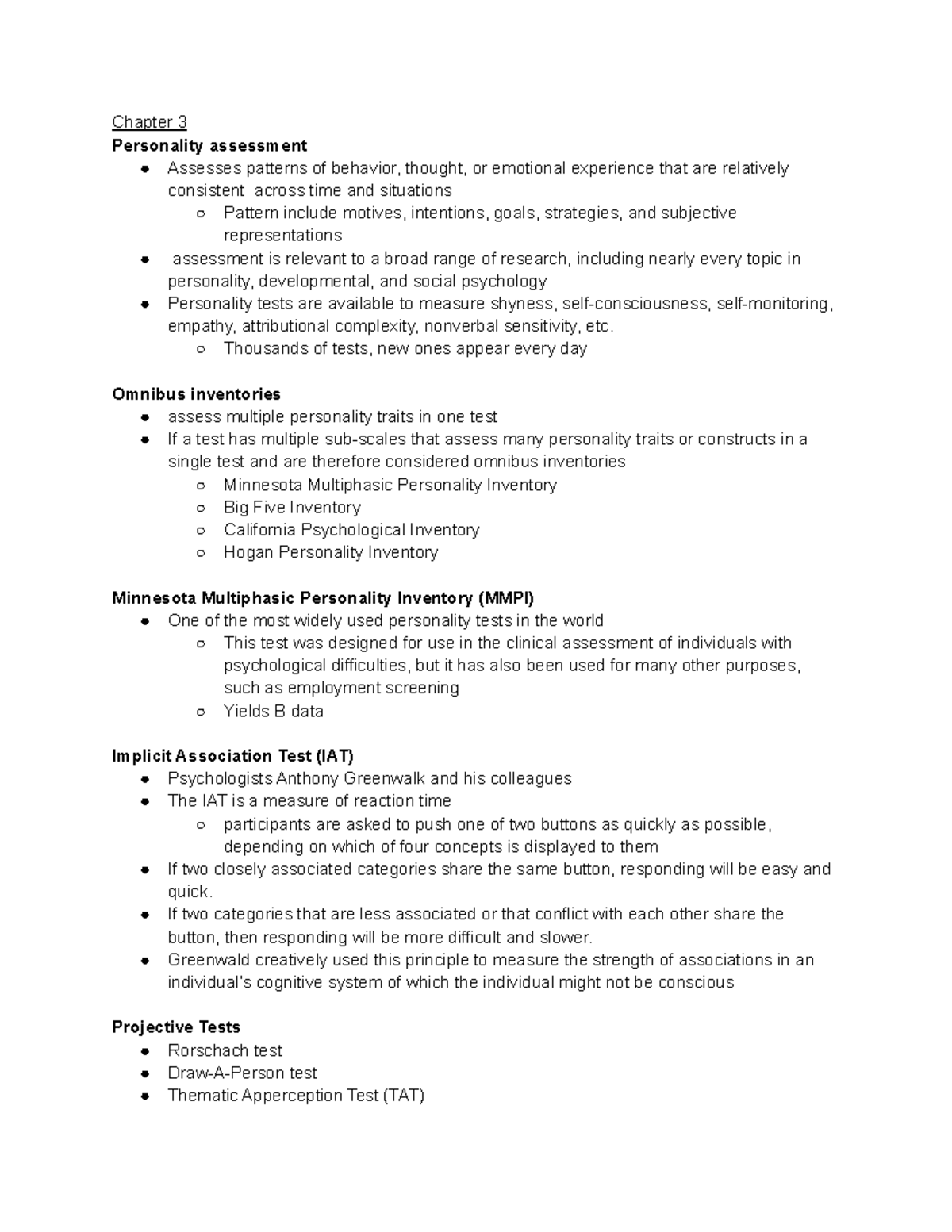 Ch. 3 Study Guide - Chapter 3 Personality assessment Assesses patterns ...