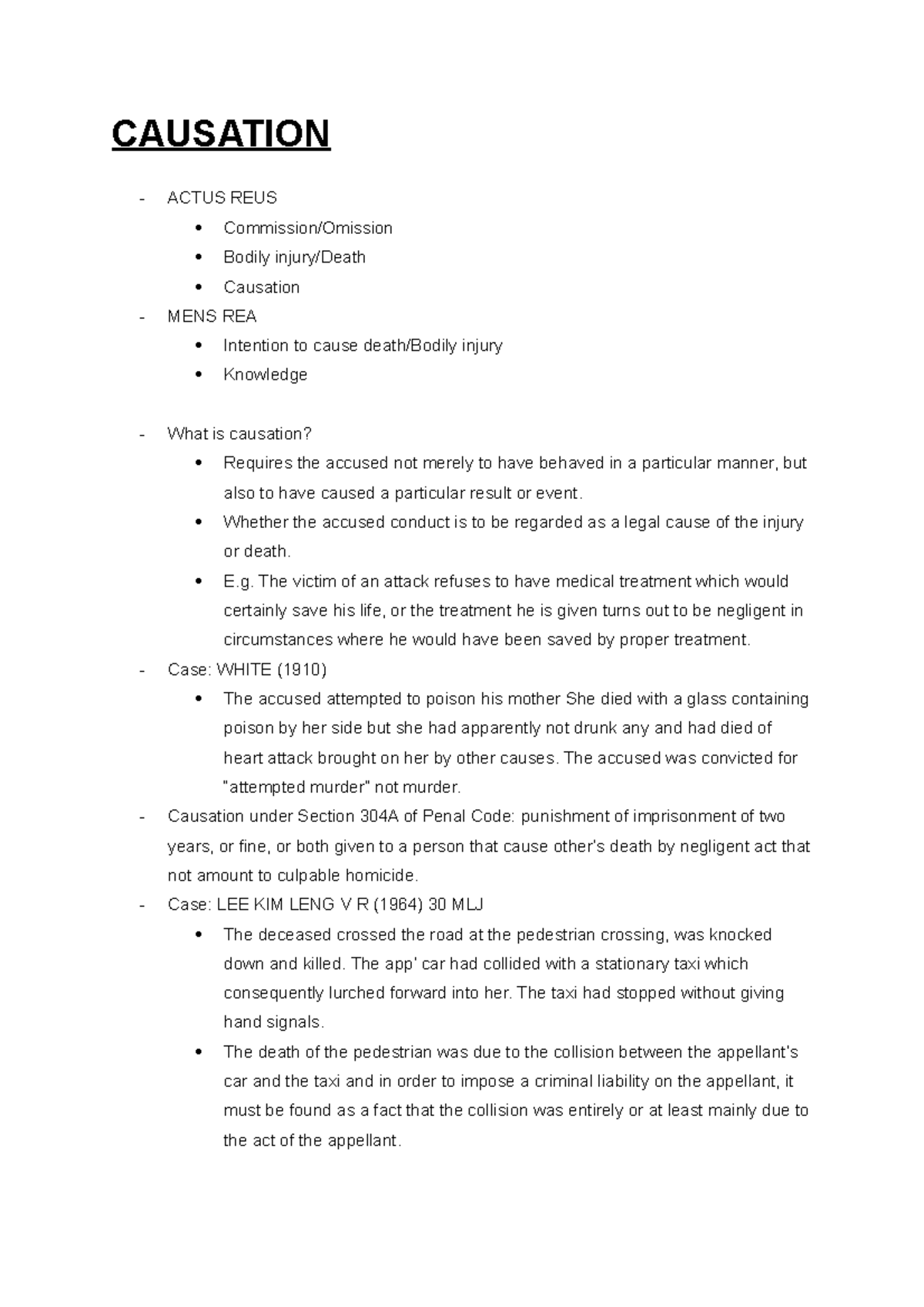 Causation Summaries From Lecture Notes Causation Actus Reus Commission Omission Bodily