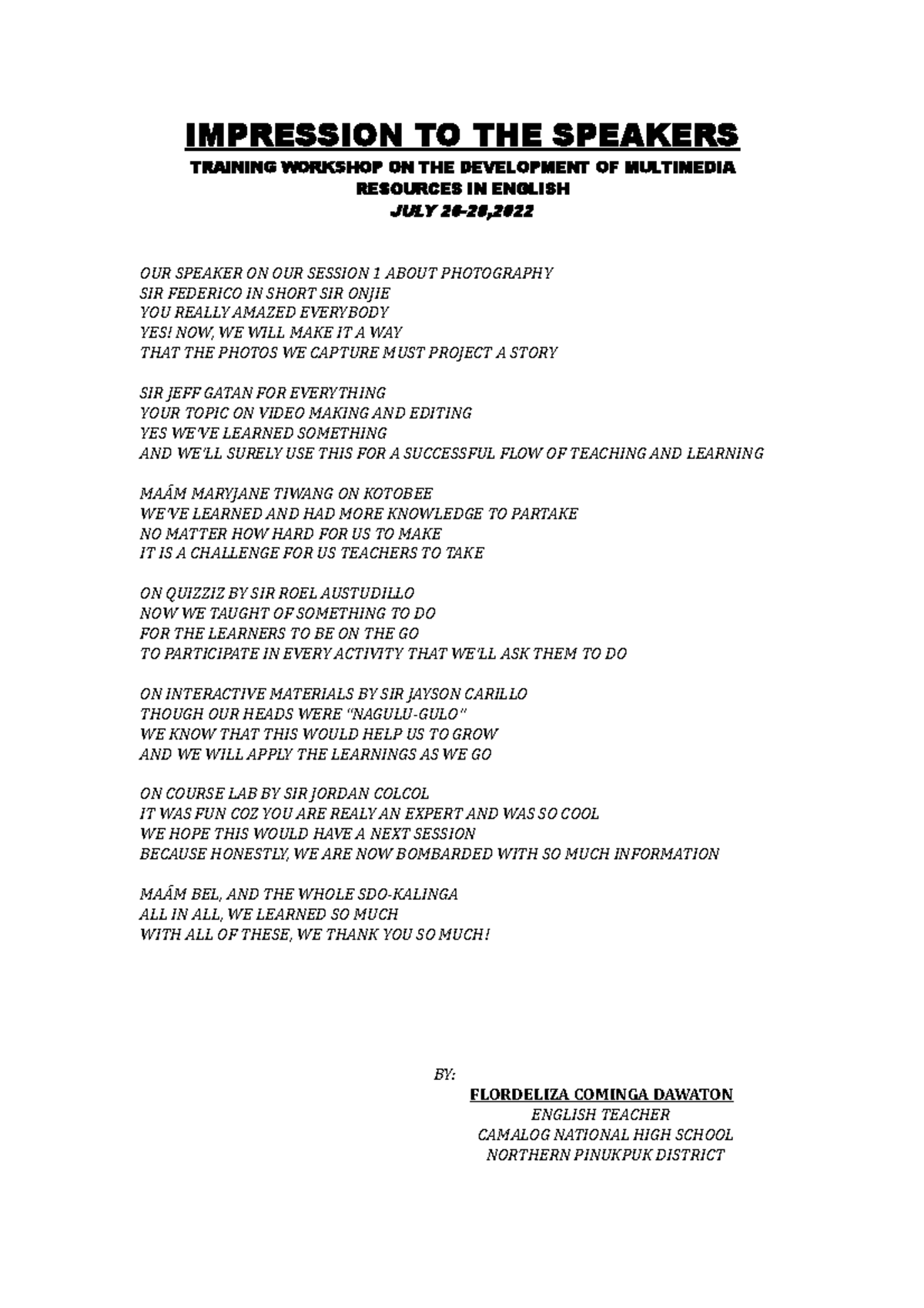 Impression TO THE Speakers - IMPRESSION TO THE SPEAKERS TRAINING ...