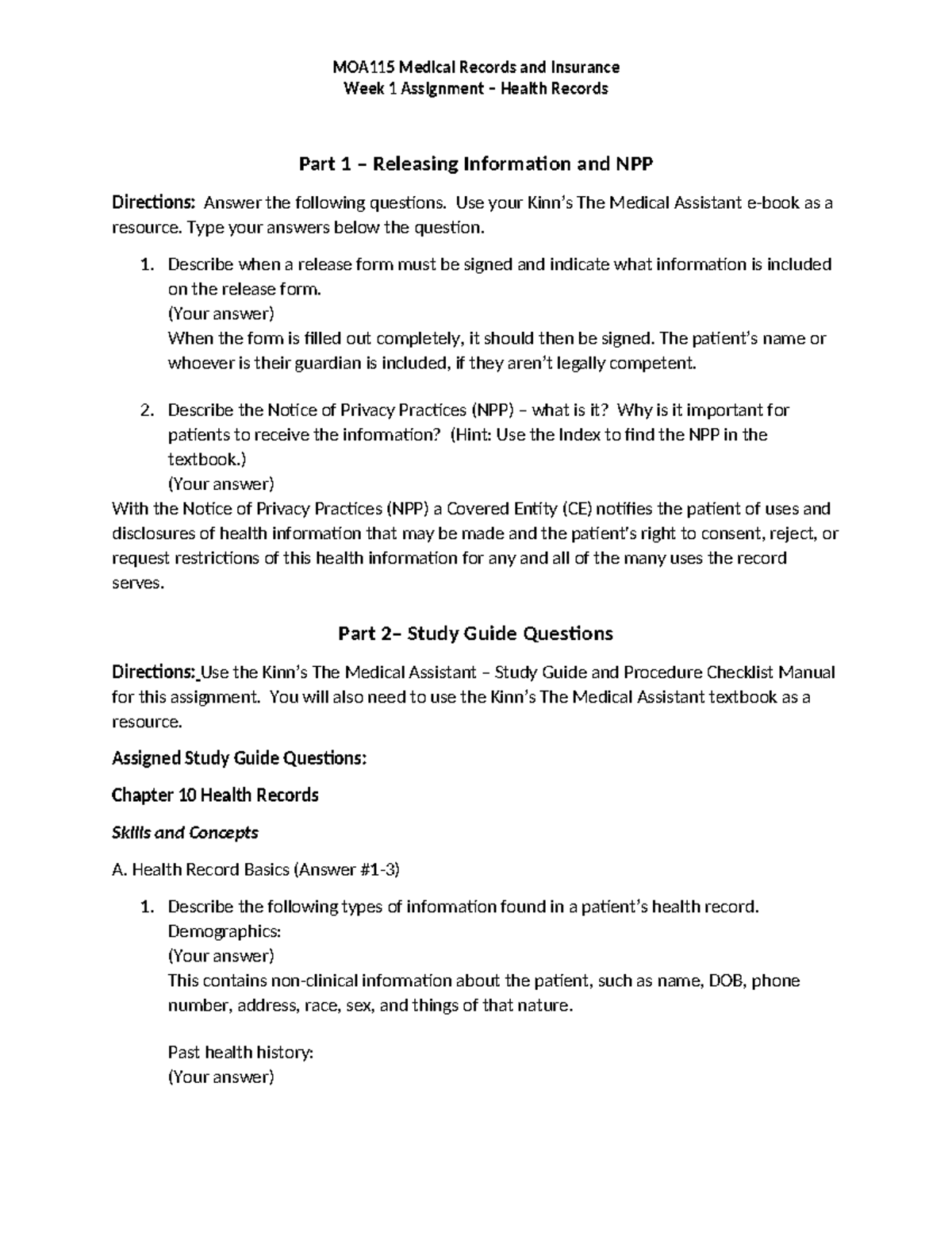 MOA115 wk1 assn lcreed 04012024 - Week 1 Assignment – Health Records Part 1 – Releasing ...
