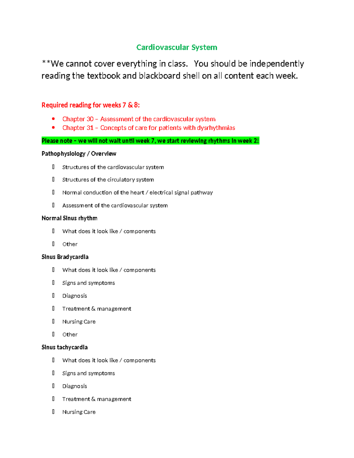Cardiac rhythms outline - Cardiovascular System **We cannot cover ...