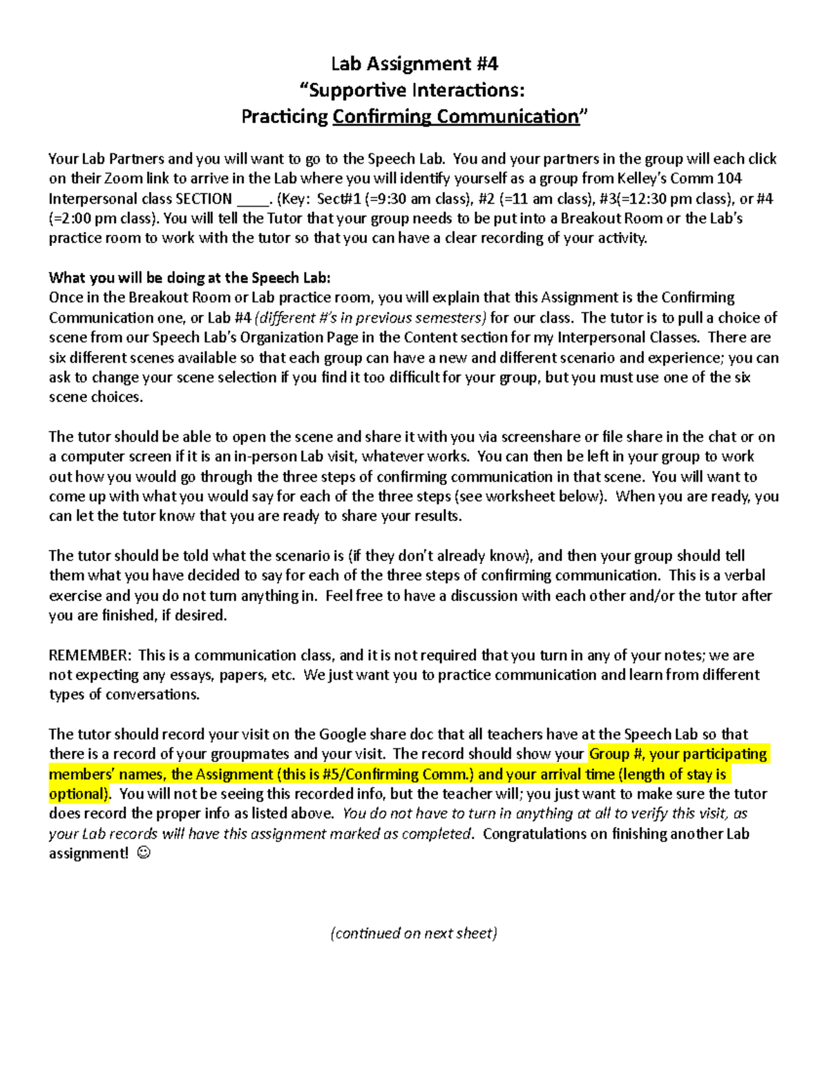 Intprs Lab#4Confirm Comm(F22) - Lab Assignment “Supportive Interactions: Practicing Confirming ...