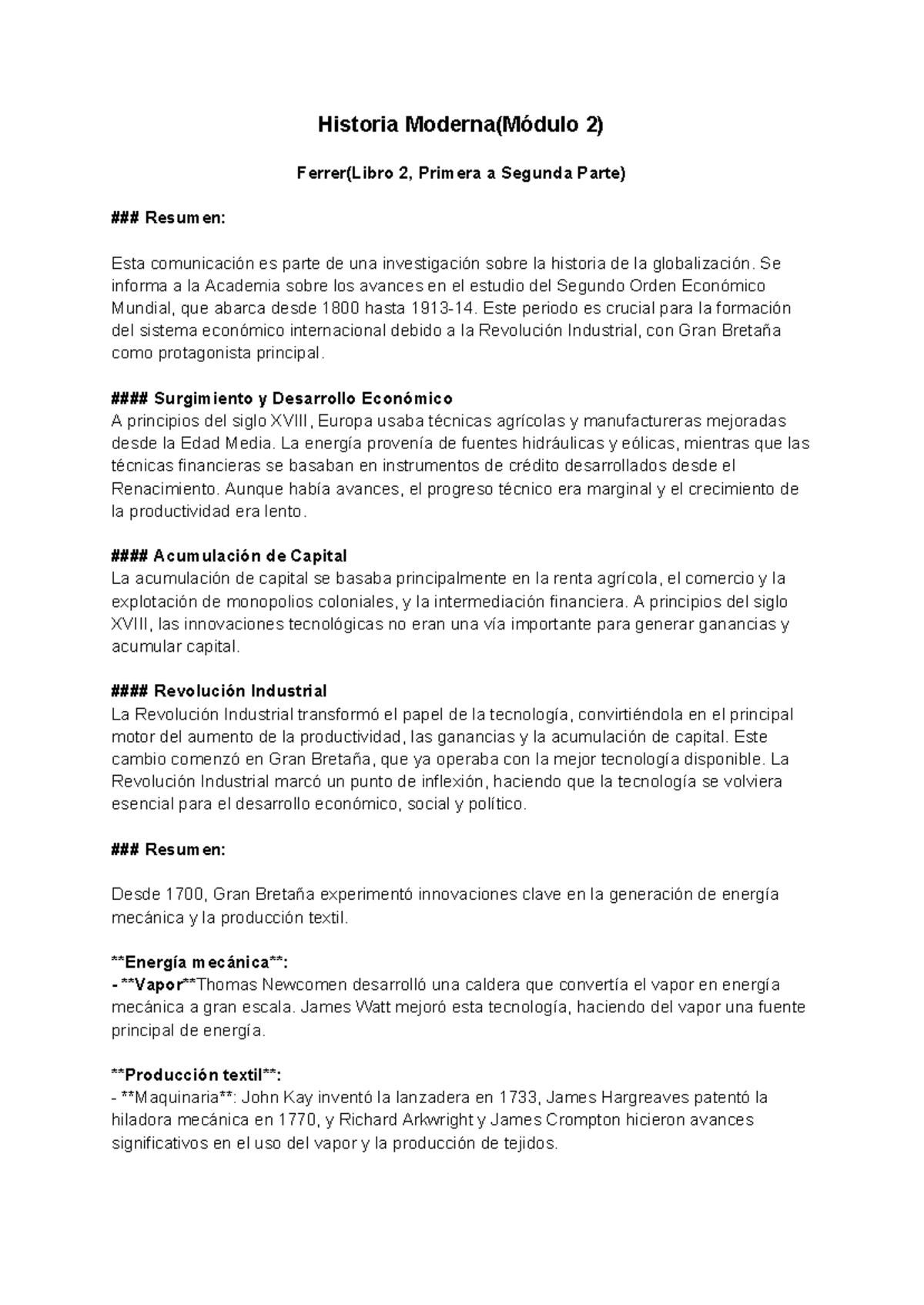 Historia Moderna(Módulo 2) - Historia Moderna(Módulo 2) Ferrer(Libro 2, Primera a Segunda Parte ...