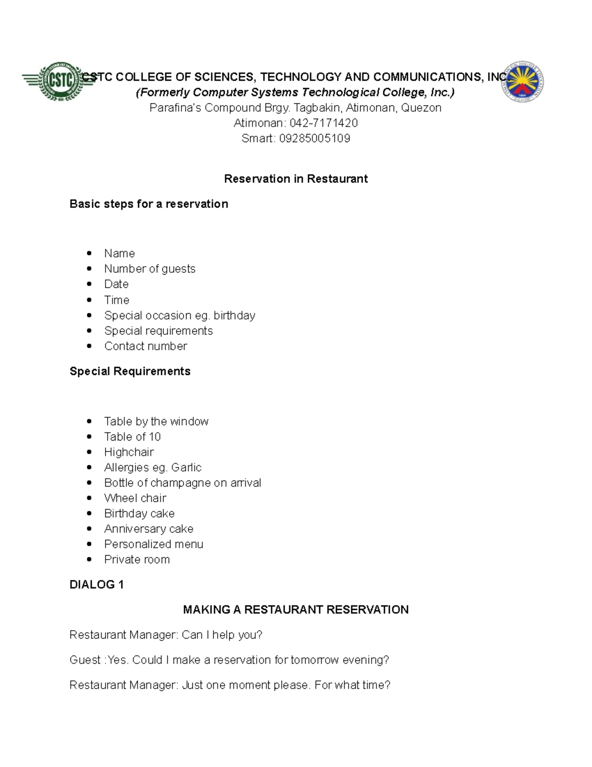 Reservation in restaurant - CSTC COLLEGE OF SCIENCES, TECHNOLOGY AND ...