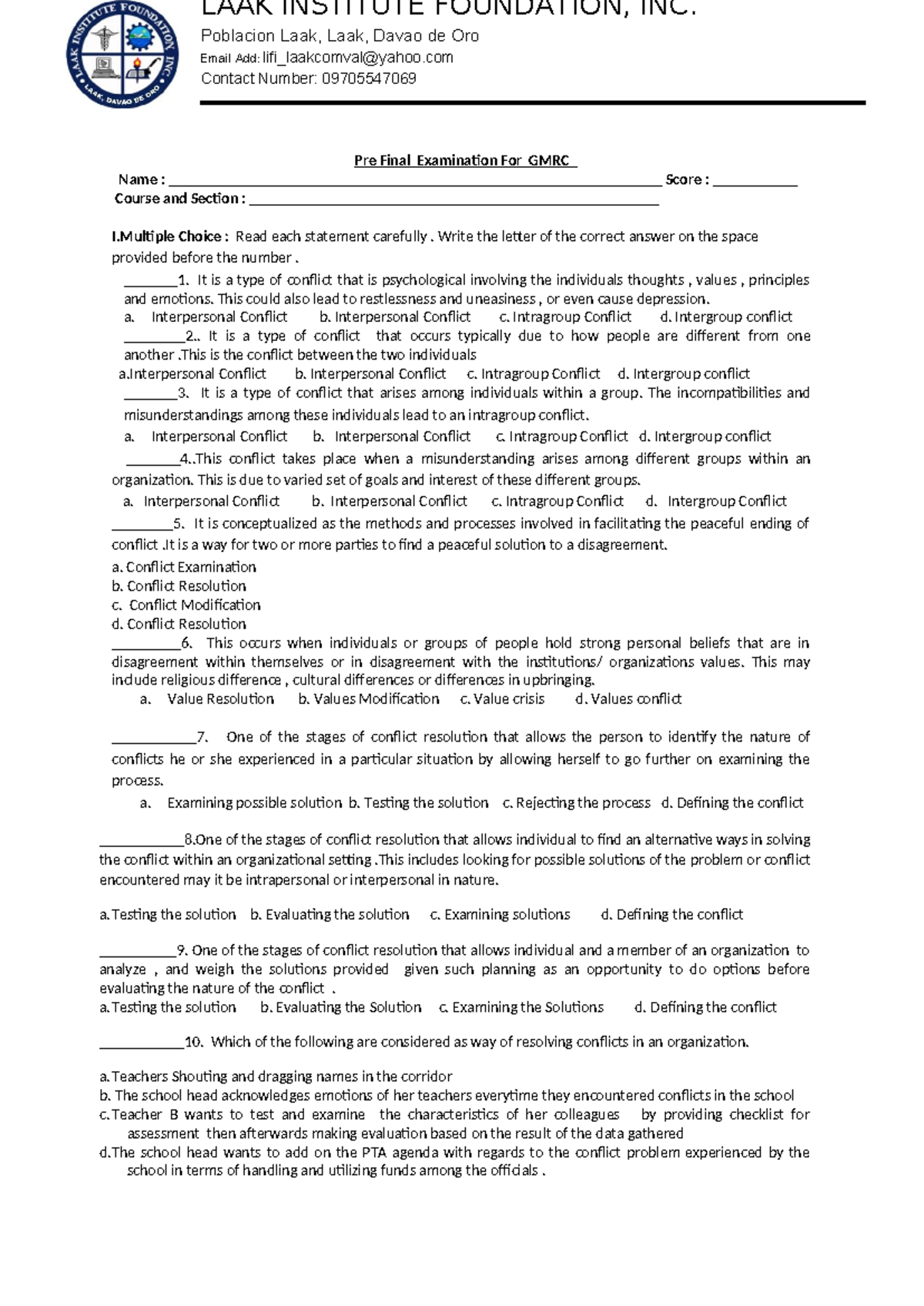 GMRC and MTTL BEED Exam version 1 - Pre Final Examination For GMRC Name : - Studocu