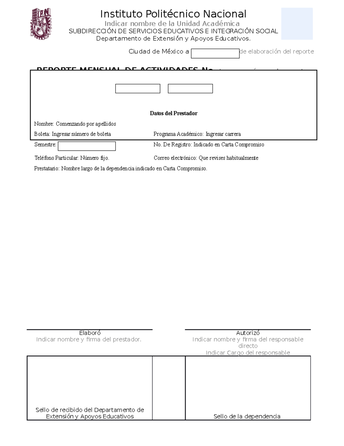 Reporte Mensual DE Actividades - Instituto Politécnico Nacional Indicar ...