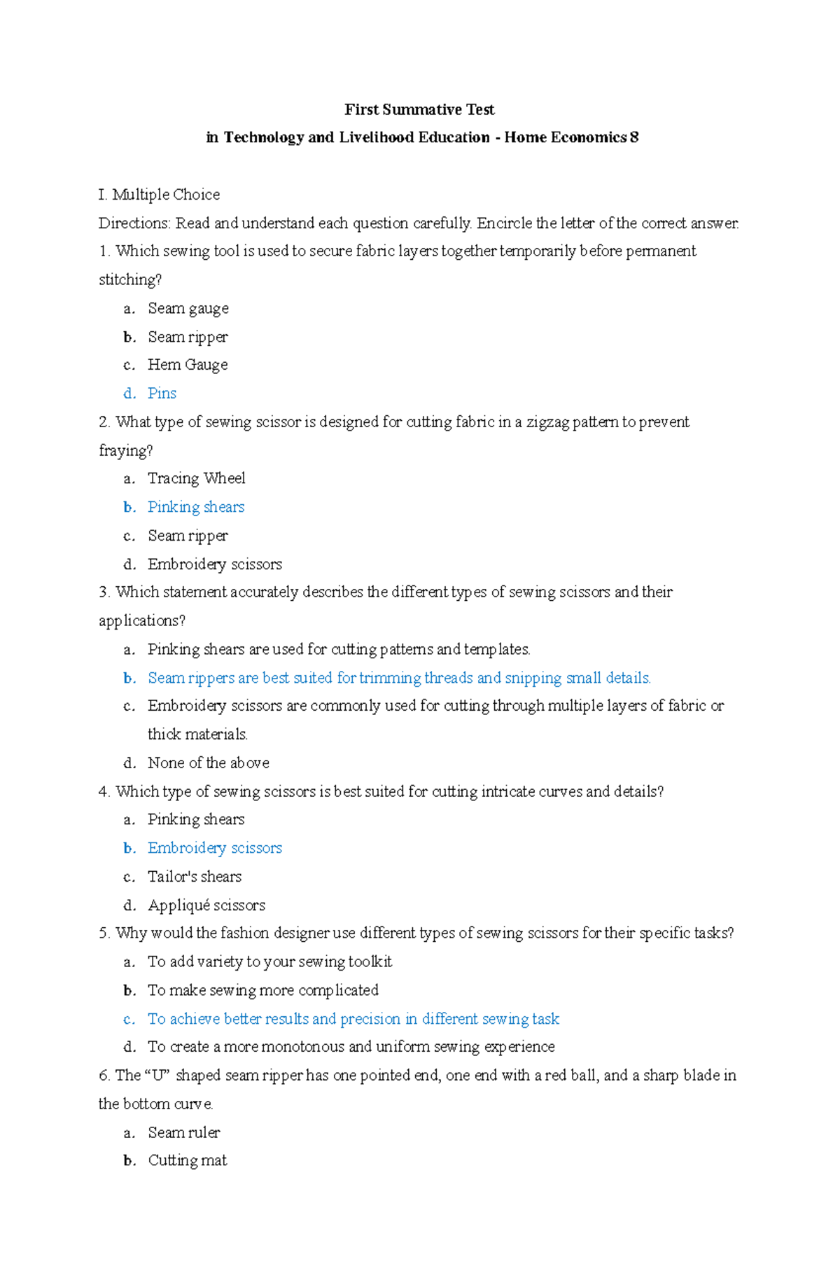Final TQ - First Summative Test in Technology and Livelihood Education ...